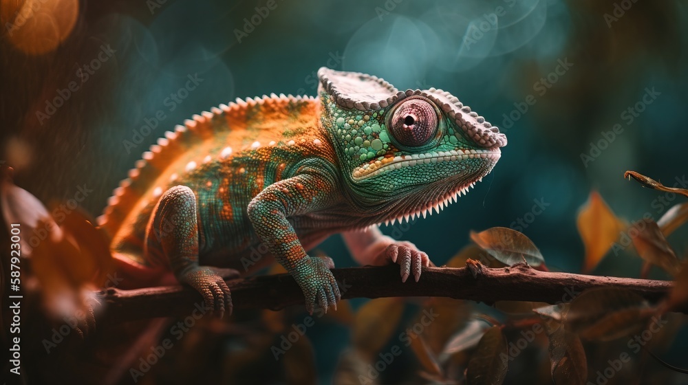 a chamelon sitting on a branch with leaves around it's neck and eyes ...