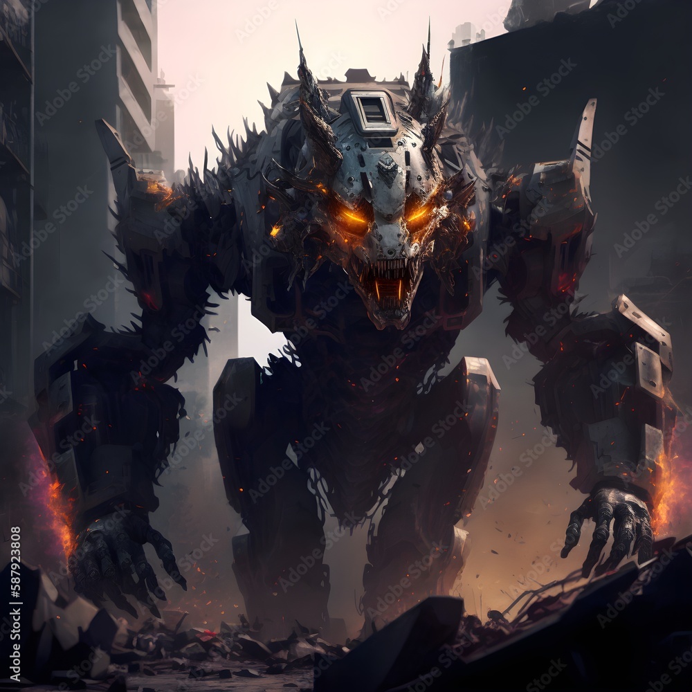 Ilustrace „wolf robot for combat use Background is Tokyo in ruins ...