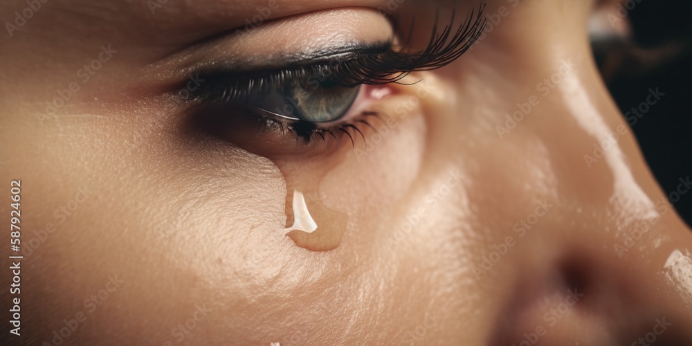 Tear flowing down woman cheek close-up, concept of Emotional expression and Sadness, created ...