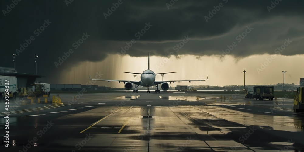 Stormy runway with airplanes being diverted, concept of Flight ...