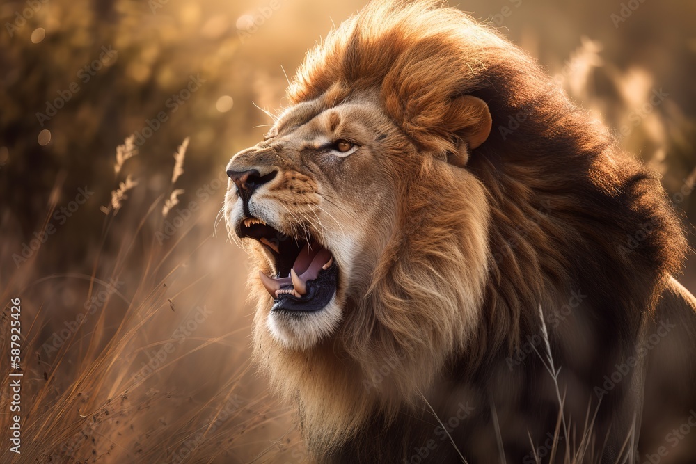 A fierce and powerful African Lion roaring in the savannah - This ...