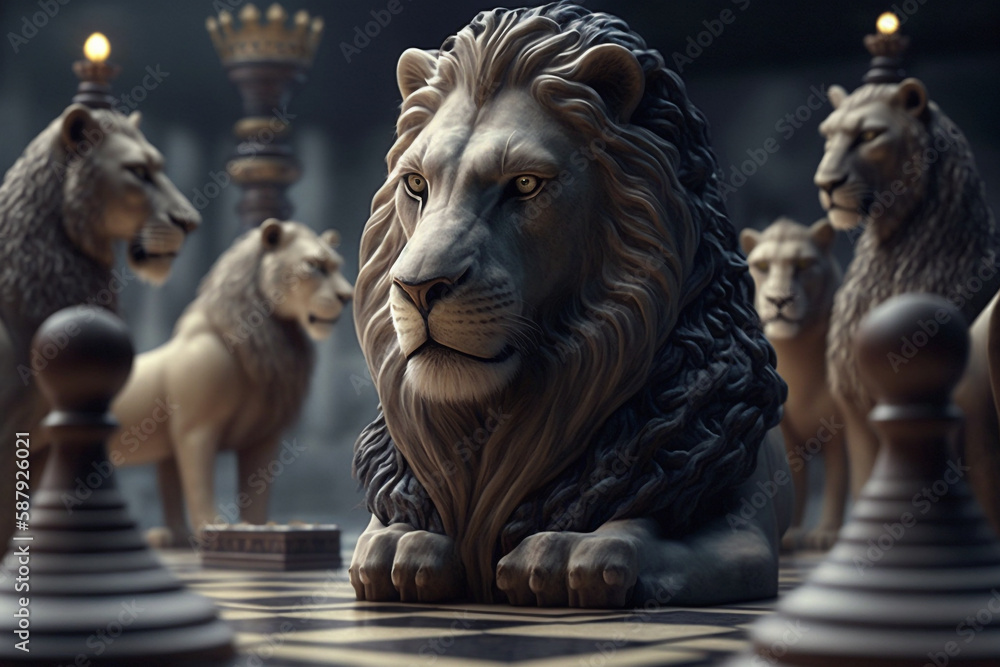 The Royal Lion King and chess pieces on a chess board, winner of ...