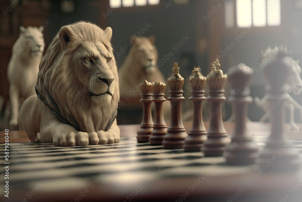 The Royal Lion King and chess pieces on a chess board, winner of ...