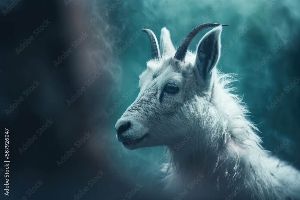 a goat with long horns standing next to a man in a dark room with smoke ...