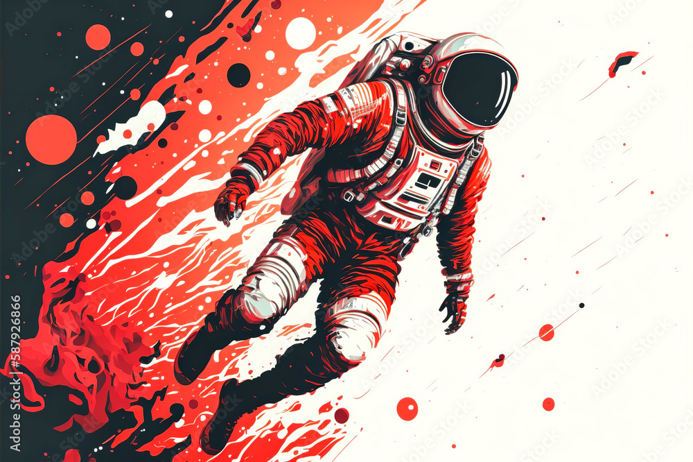 An astronaut floating in space with red and white colors is depicted in ...
