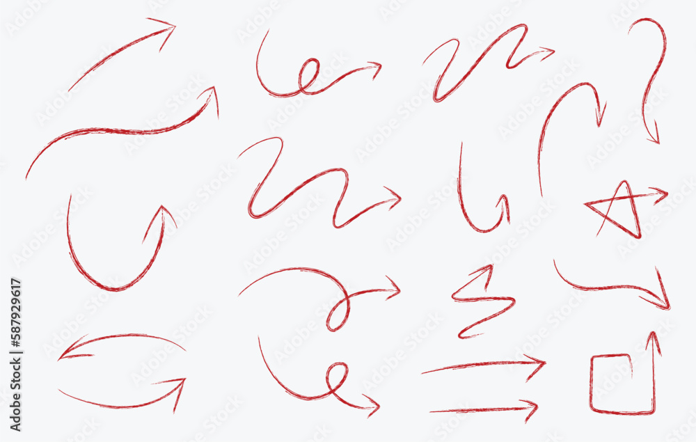 Set of Red hand-drawn arrow signs or symbols. Red hand drawn arrow ...