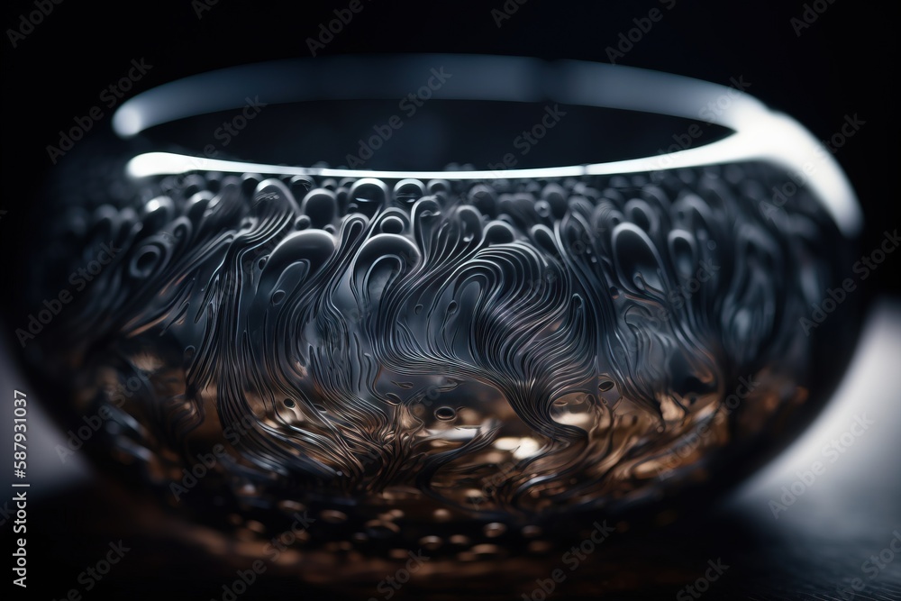 a close up of a vase on a table with a black background and a blurry ...