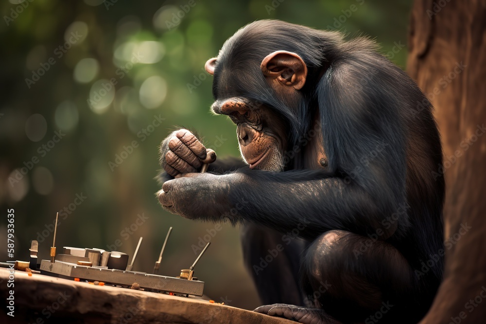 Obraz A curious and intelligent Chimpanzee using tools - This ...