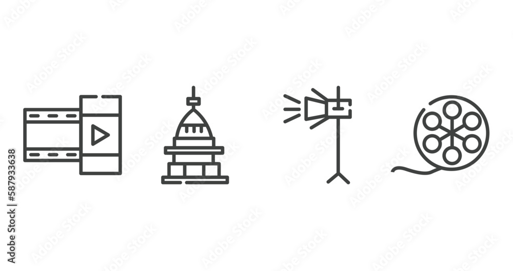 cinema outline icons set. thin line icons sheet included film strip ...