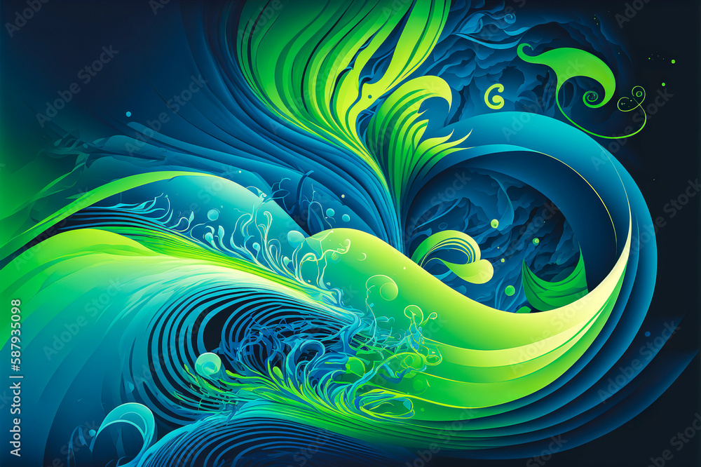 Vibrant blues and greens with swooping shapes and lines to represent ...