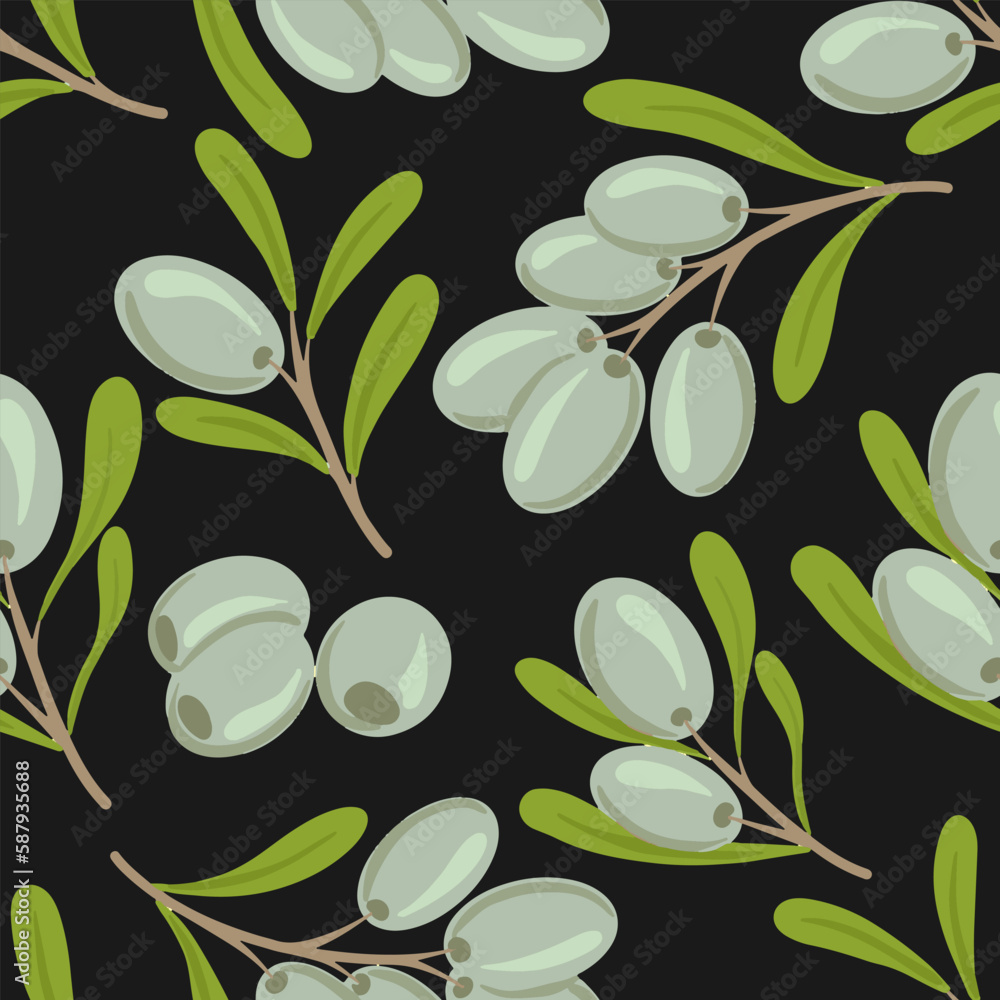 Vector seamless pattern with green olive tree branches on black ...