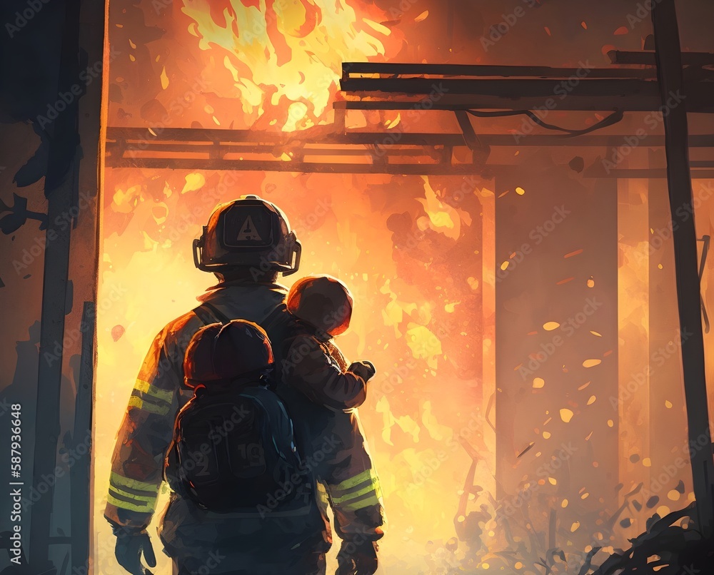 back view of firefighter holding child standing in house on fire ...