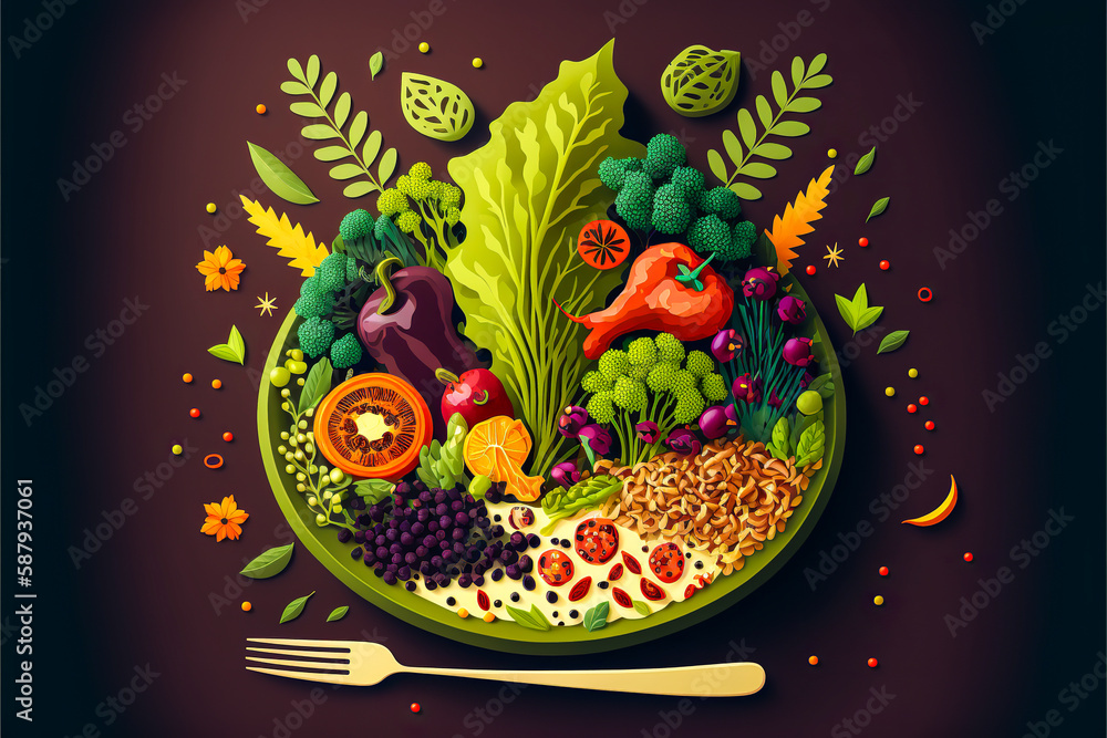 Colorful plant-based meal illustration featuring vegetables, cereal and ...