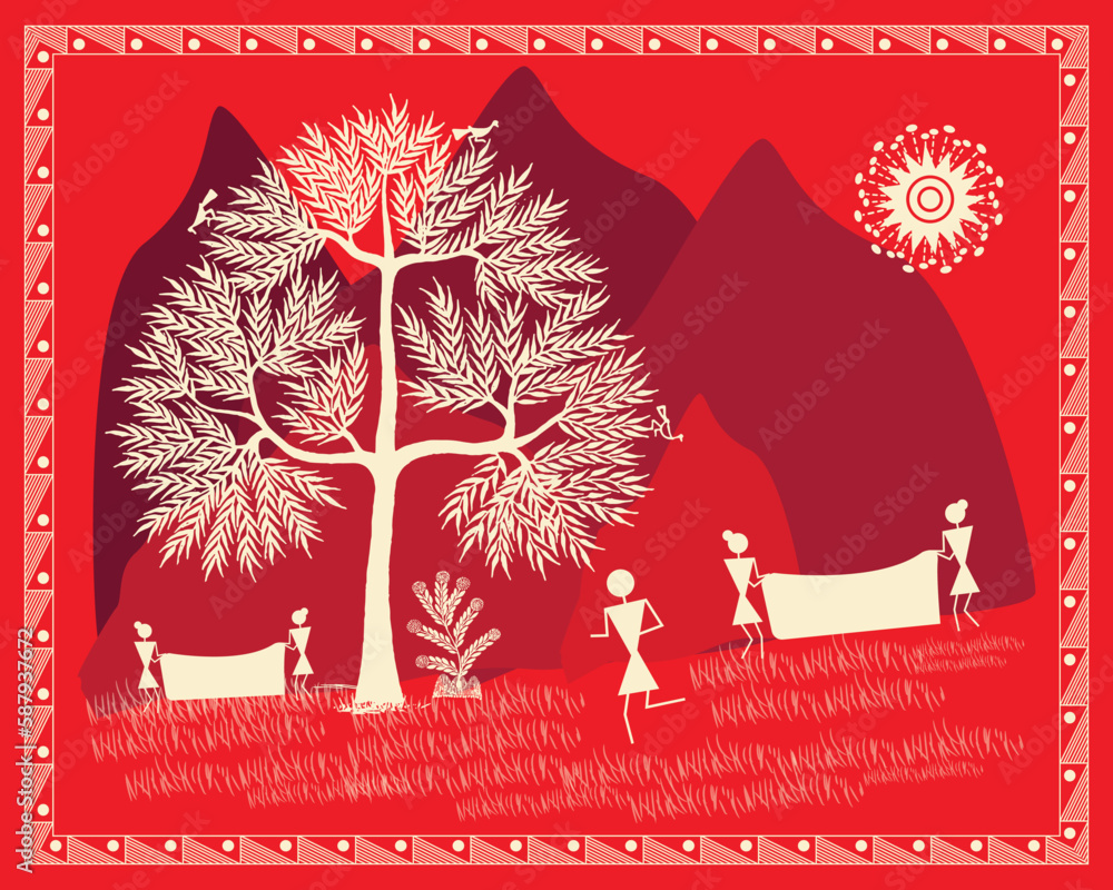 Beautiful nature showing in warli art. Indian warli painting. Modern ...