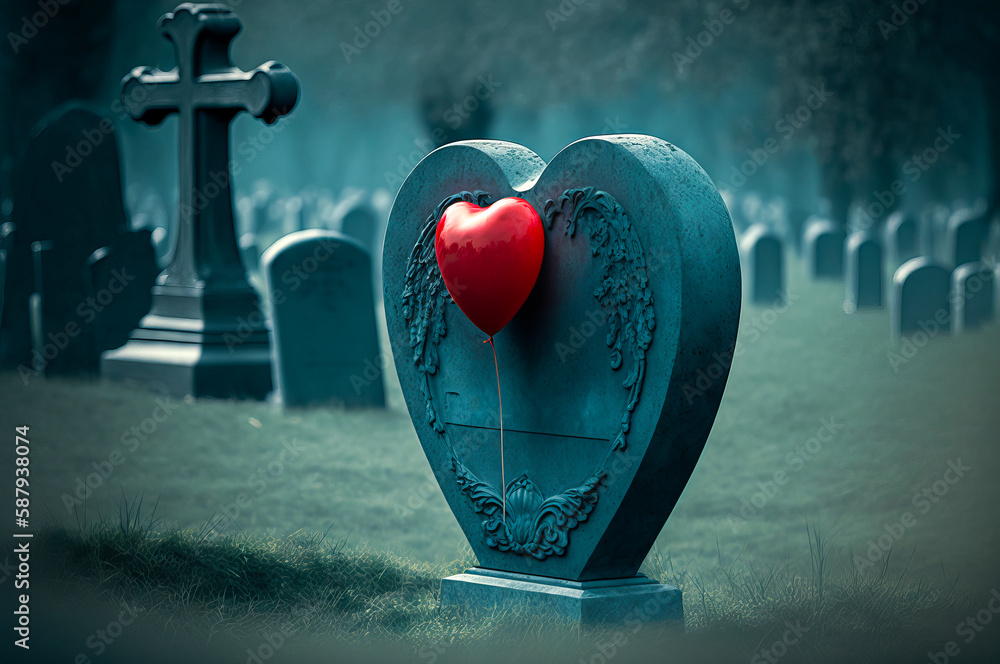 Grave with a red heart-shaped balloon hanging from a headstone ...