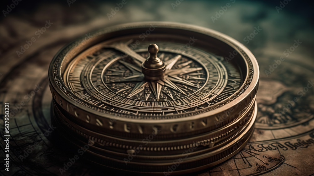 a close up of a compass on top of a pile of coins on a map with a ...