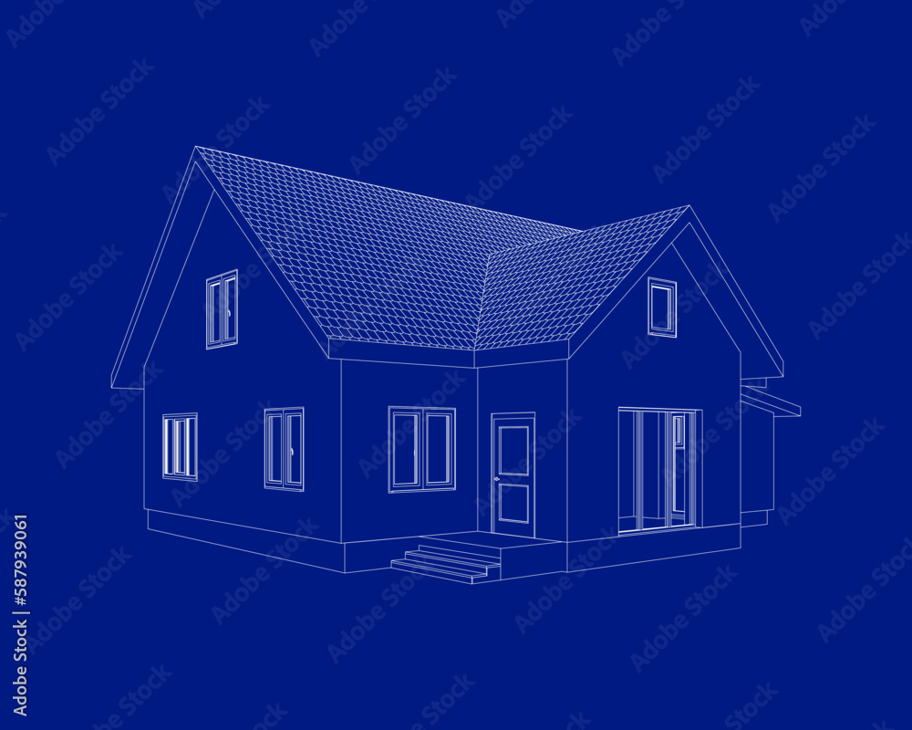 3D suburban house model. Drawing of the modern building. Cottage ...