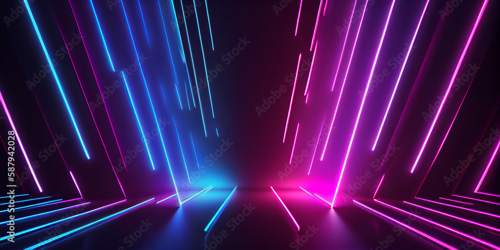Neon dark stage shows empty room: neon light, spotlights, dark blue ...