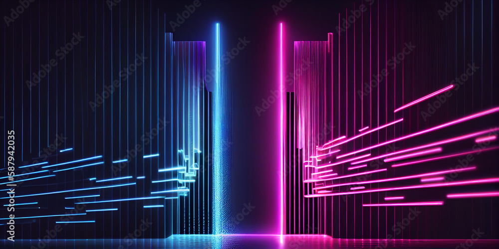 Neon dark stage shows empty room: neon light, spotlights, dark blue ...