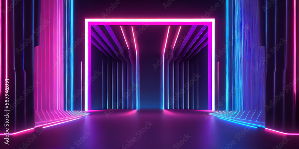 Neon dark stage shows empty room: neon light, spotlights, dark blue ...