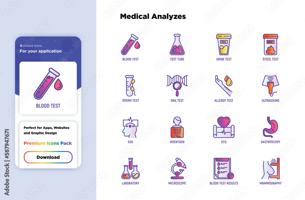 Medical analyzes thin line icons set: blood test, urine test, stool ...