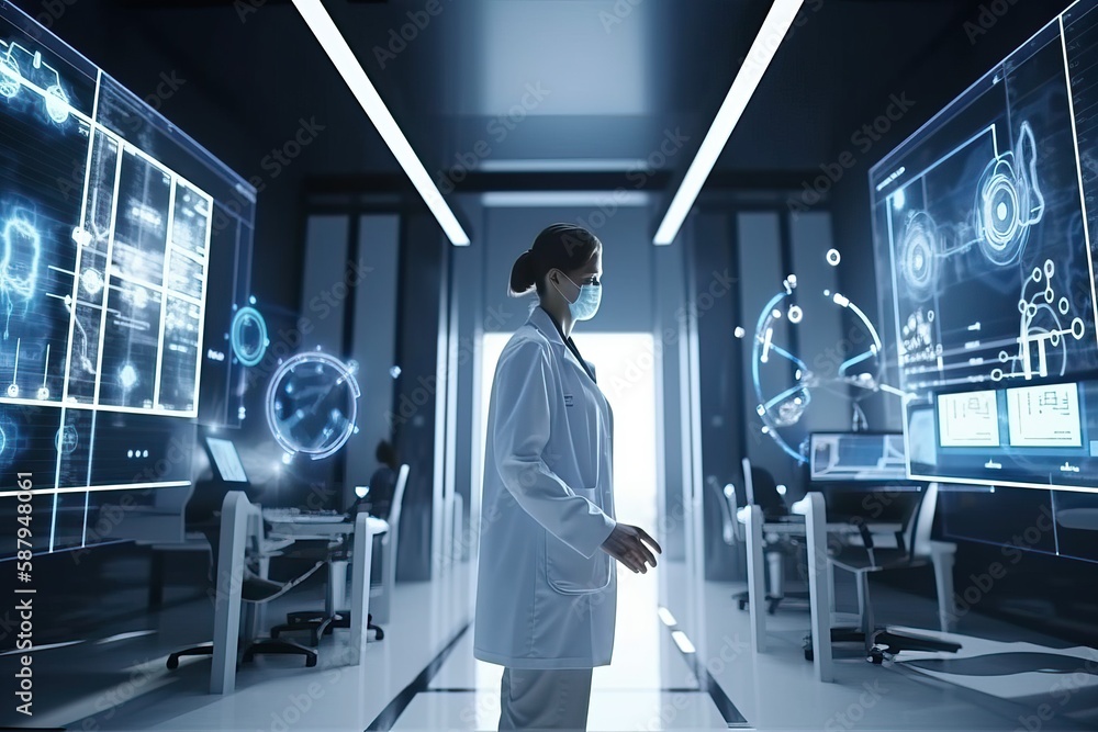 Doctor and white technology icon medical on hospital background ...