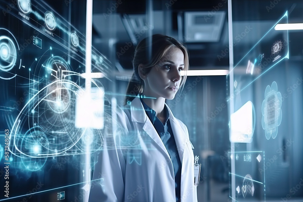 Doctor and white technology icon medical on hospital background ...