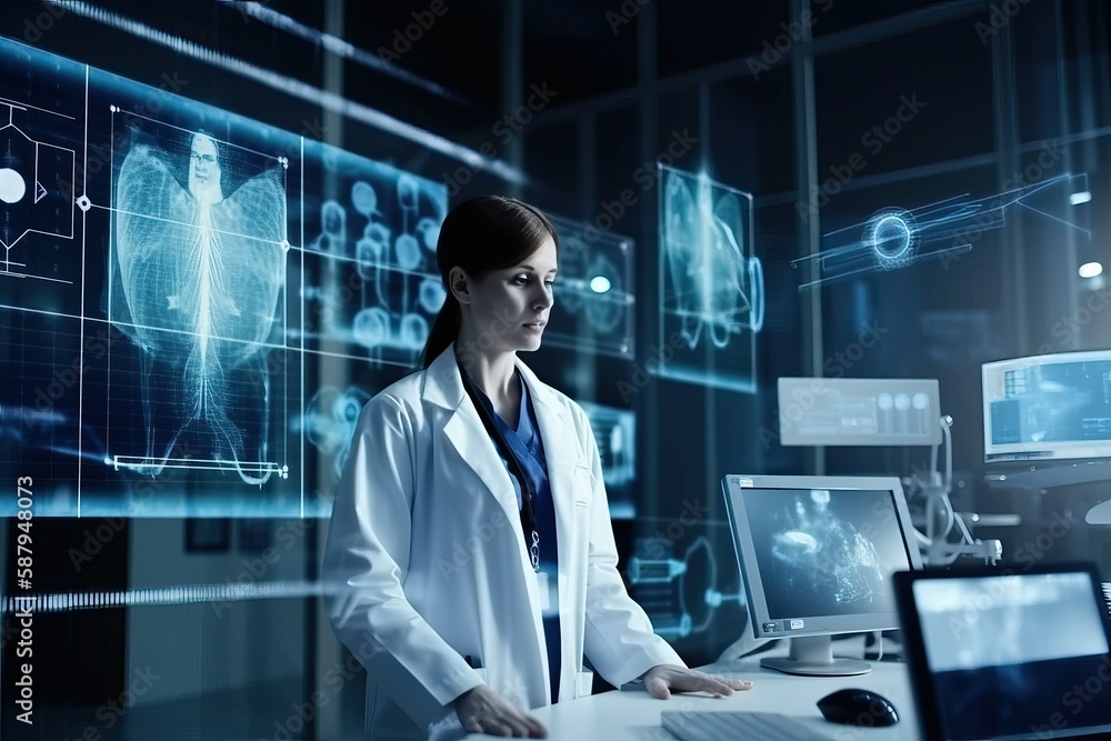 Doctor and white technology icon medical on hospital background ...