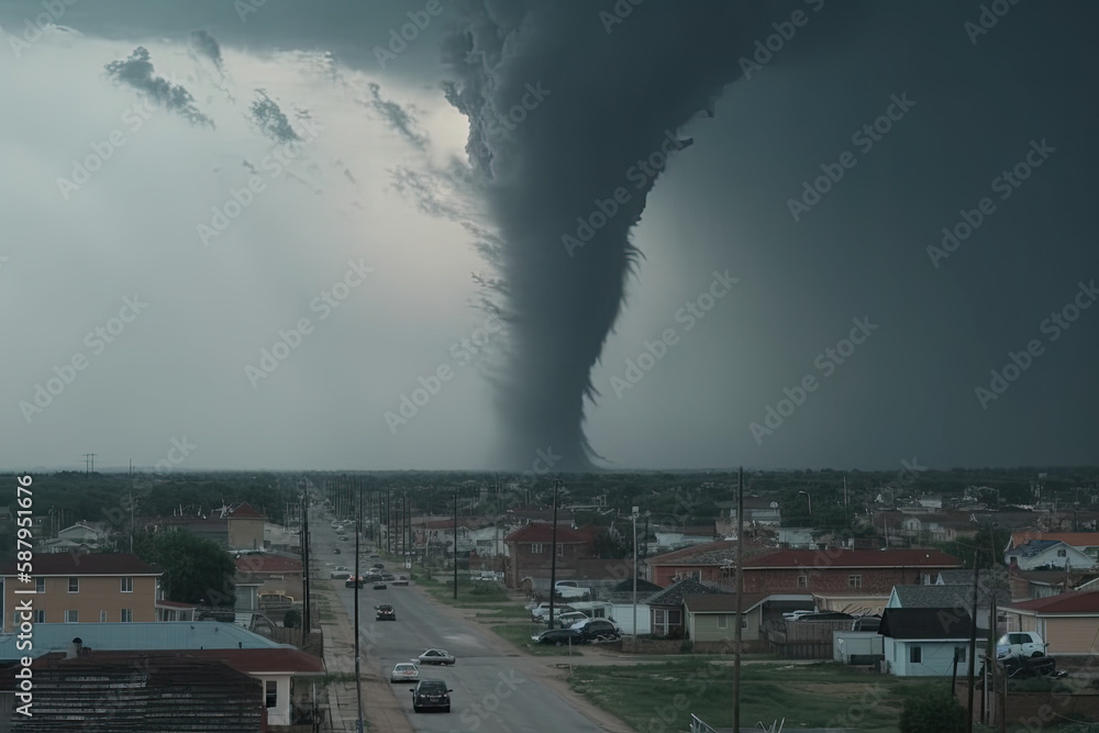 Huge tornado over the city, Storm over the Earth. A view of a large ...