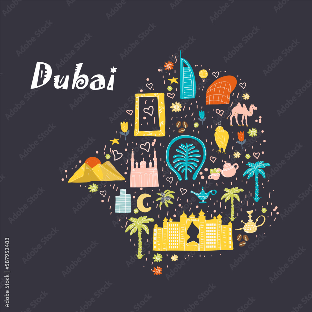 Dubai map, hand drawn vector cartoon on dark background. Illustration ...