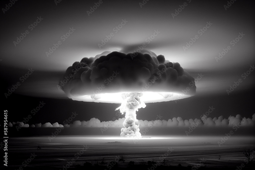 aerial view of atomic mushroom after a nuclear explosion black and ...