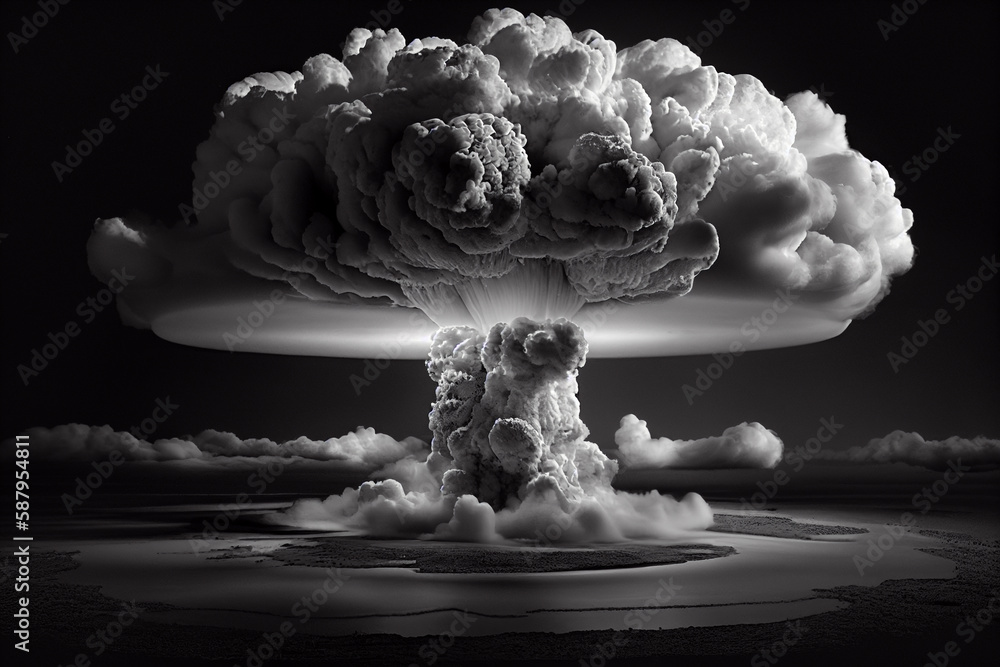 aerial view of atomic mushroom after a nuclear explosion black and ...