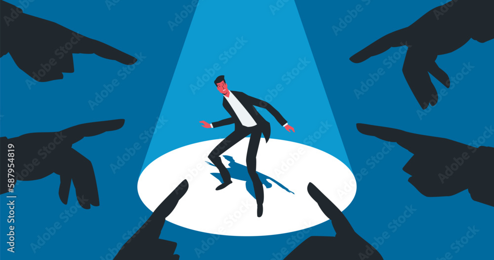 Scared man in a round of light an fingers pointing at him. Blaming ...