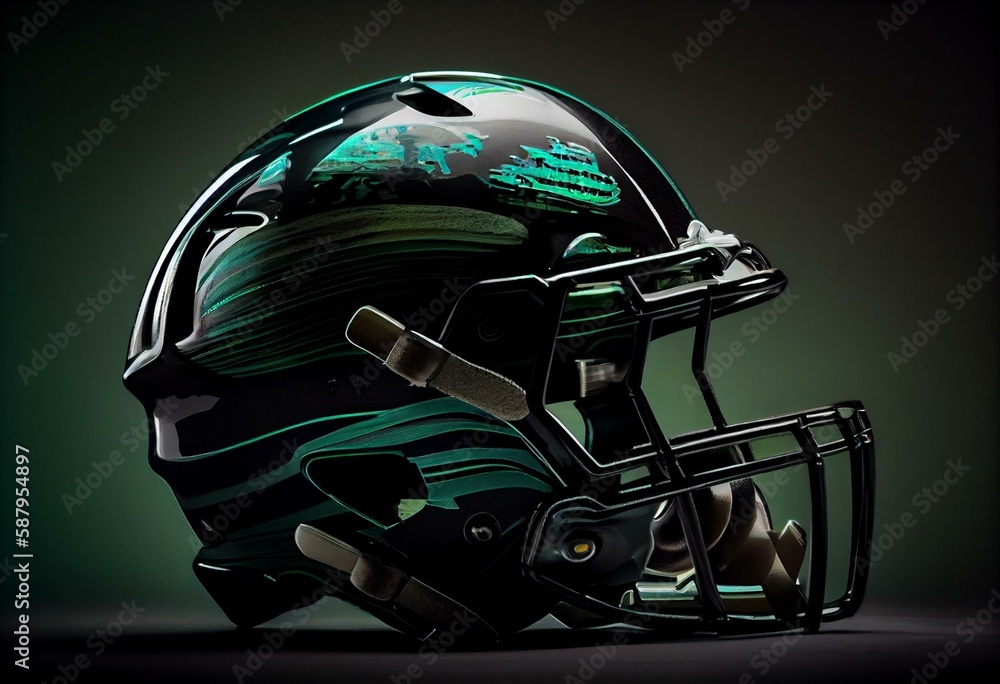 A side view of a green & black American football helmet with a ...