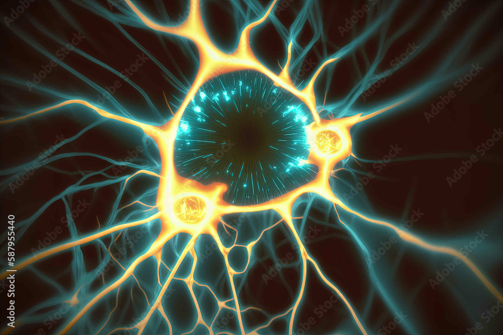 Neurons bright firing in the brain, close up view. Scientific Generative illustration.Created ...