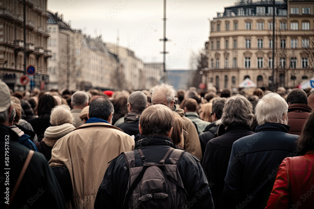 Back view of aggressive people protesting at city street. Protest ...