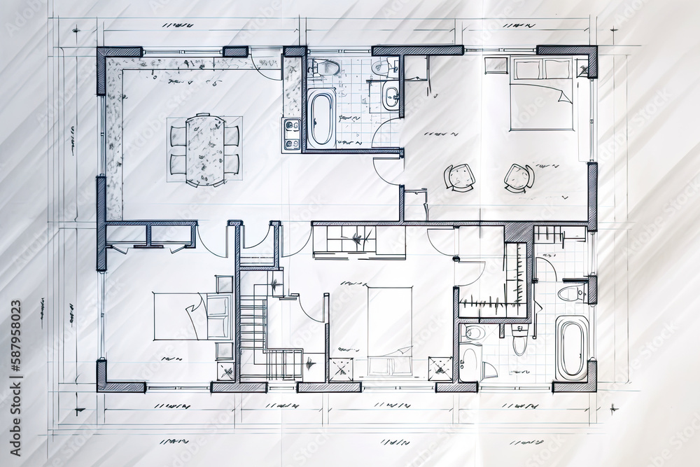 Architectural plan on white paper. Technical project of living room ...