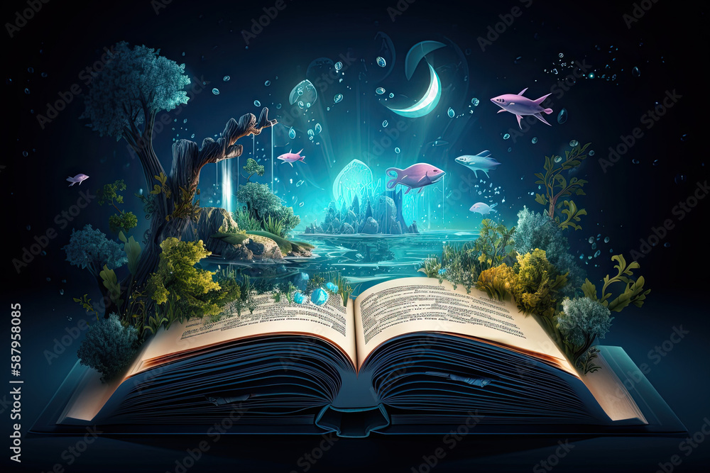 Open magical book with fantasy landscape over pages. Created with Generative AI Stock ...