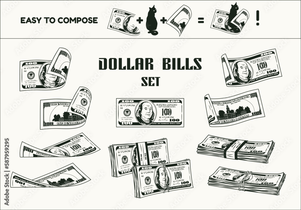 Set of 100 dollar bills with obverse and reverse side. Money rolls ...