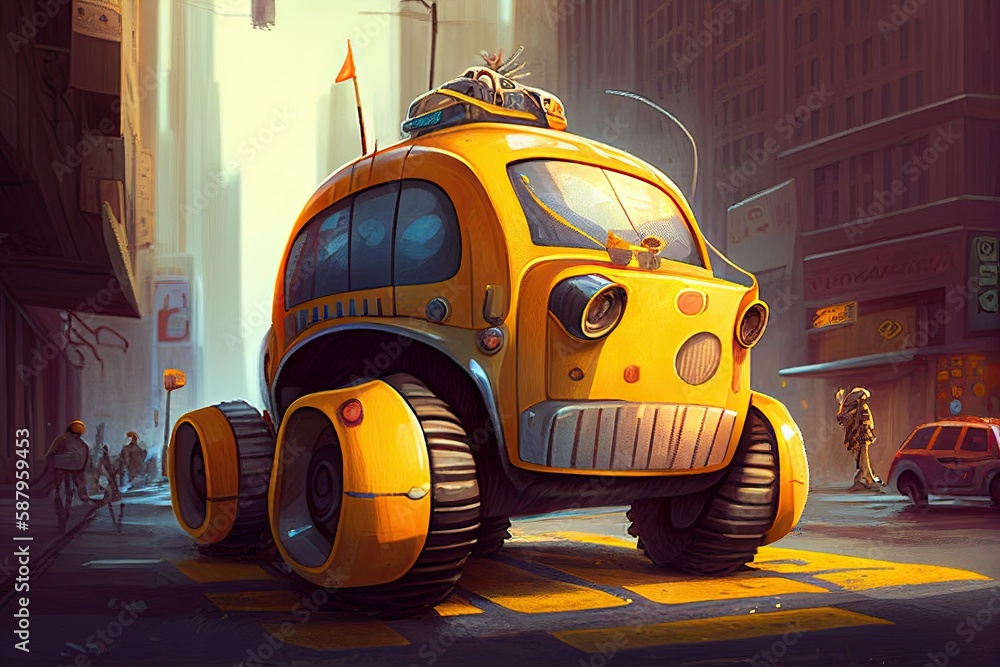 Robot Taxi Riding along Big City Street. Cartoon Design. Generative AI ...