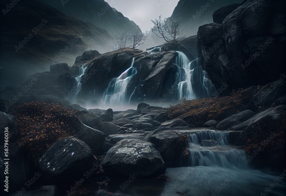 only waterfalls tiny pieces of rocks fog 8k. Generative AI Stock ...