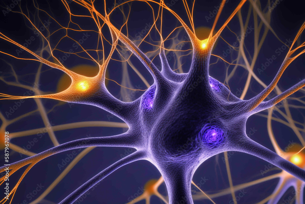 Biological neurons in the brain,glowing, close up view. Scientific ...