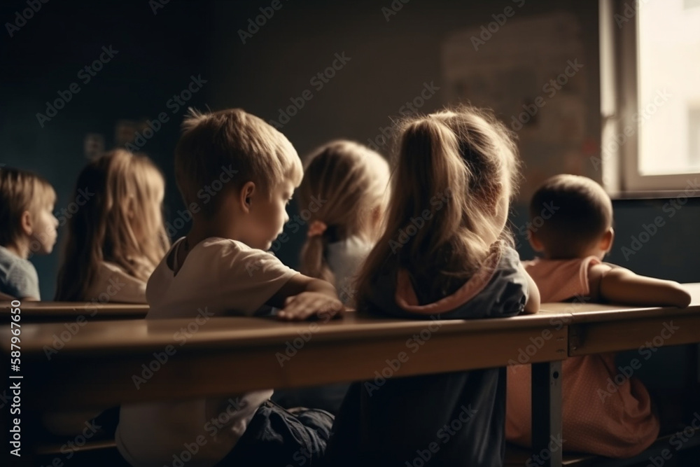 An engaging illustration of a classroom from the back, filled with ...