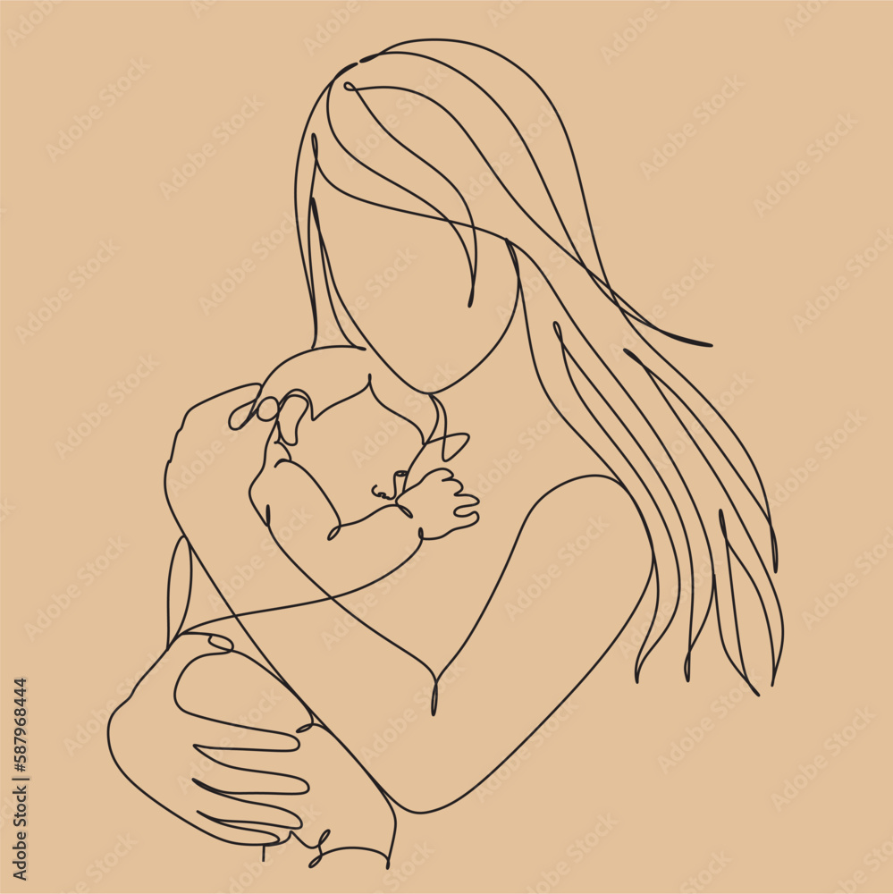 Abstract mother with a child in continuous one line drawing art style ...