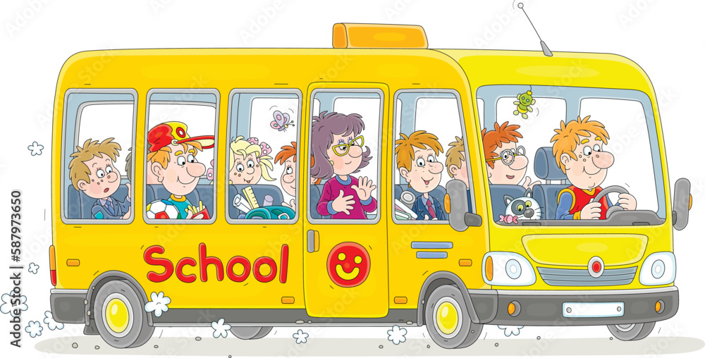 Small yellow school bus with a smiling driver and noisy company of ...