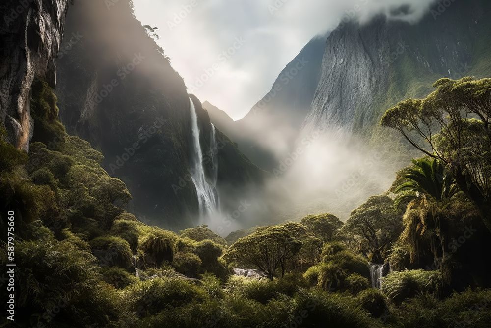 Stunning shot of a towering waterfall, its mist and spray filling the ...
