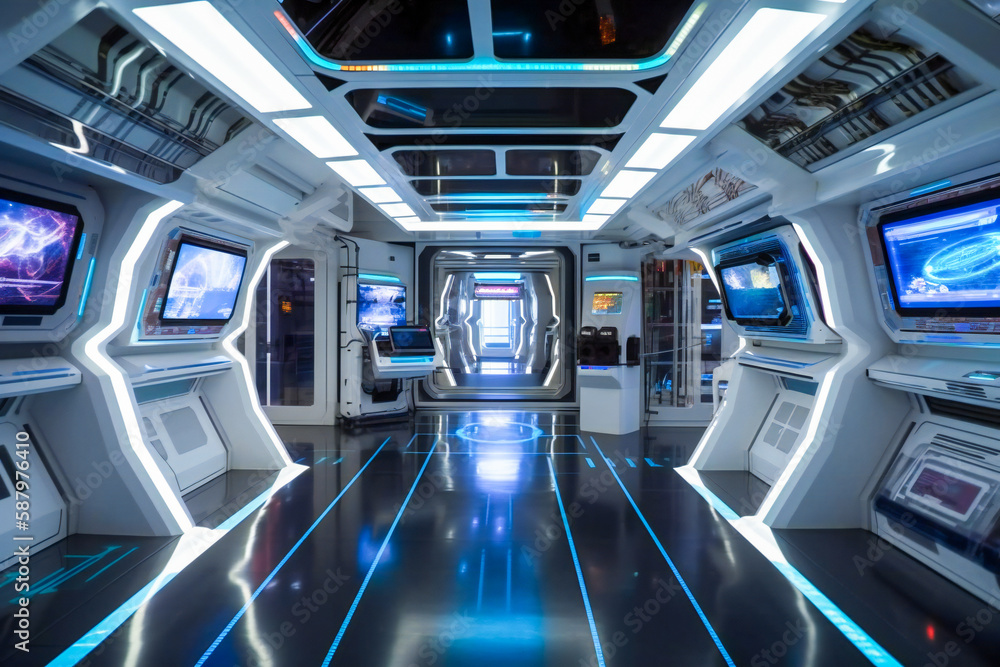 Interior of a futuristic control room of a space ship. Created with ...