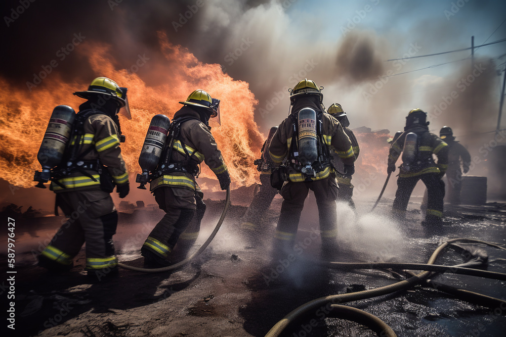 A powerful image of firefighters battling a fire together ...