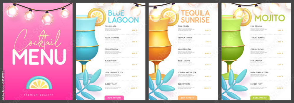 Restaurant summer cocktail menu design with 3D plastic cocktails ...
