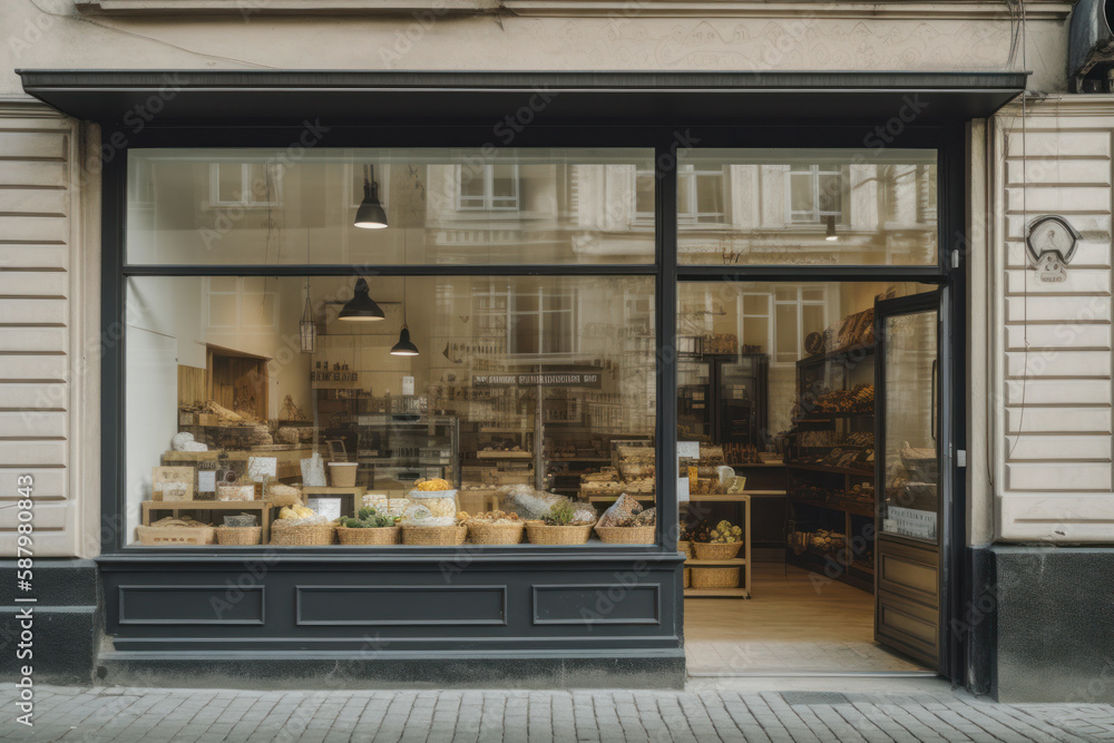 Modern grocery store exterior featuring a large window display and ...
